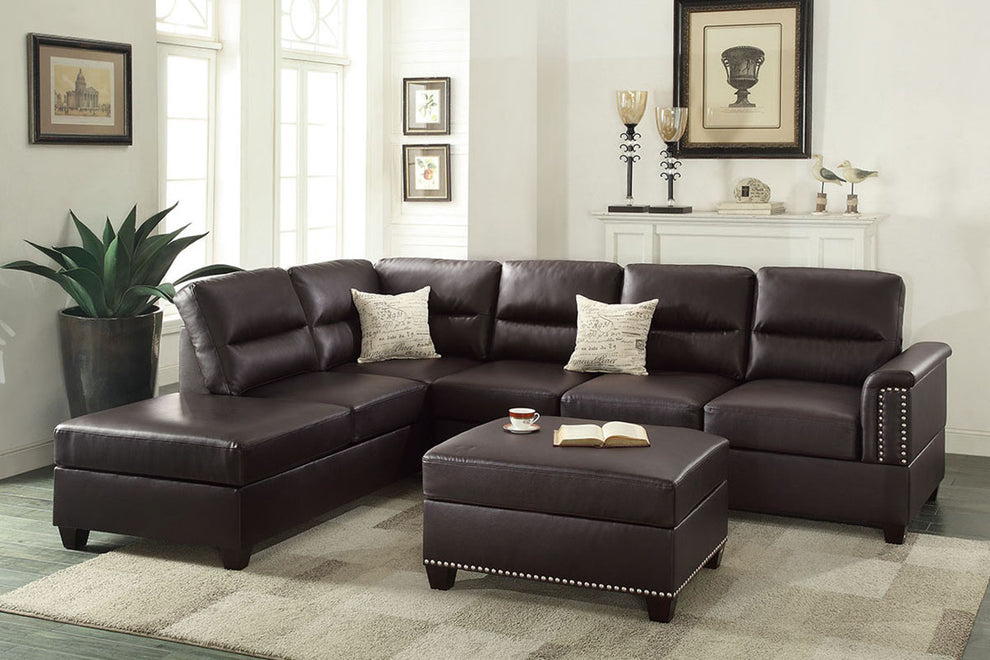 Poundex F7609 Bonded Leather Sectional Espresso - Nailhead Trim ...